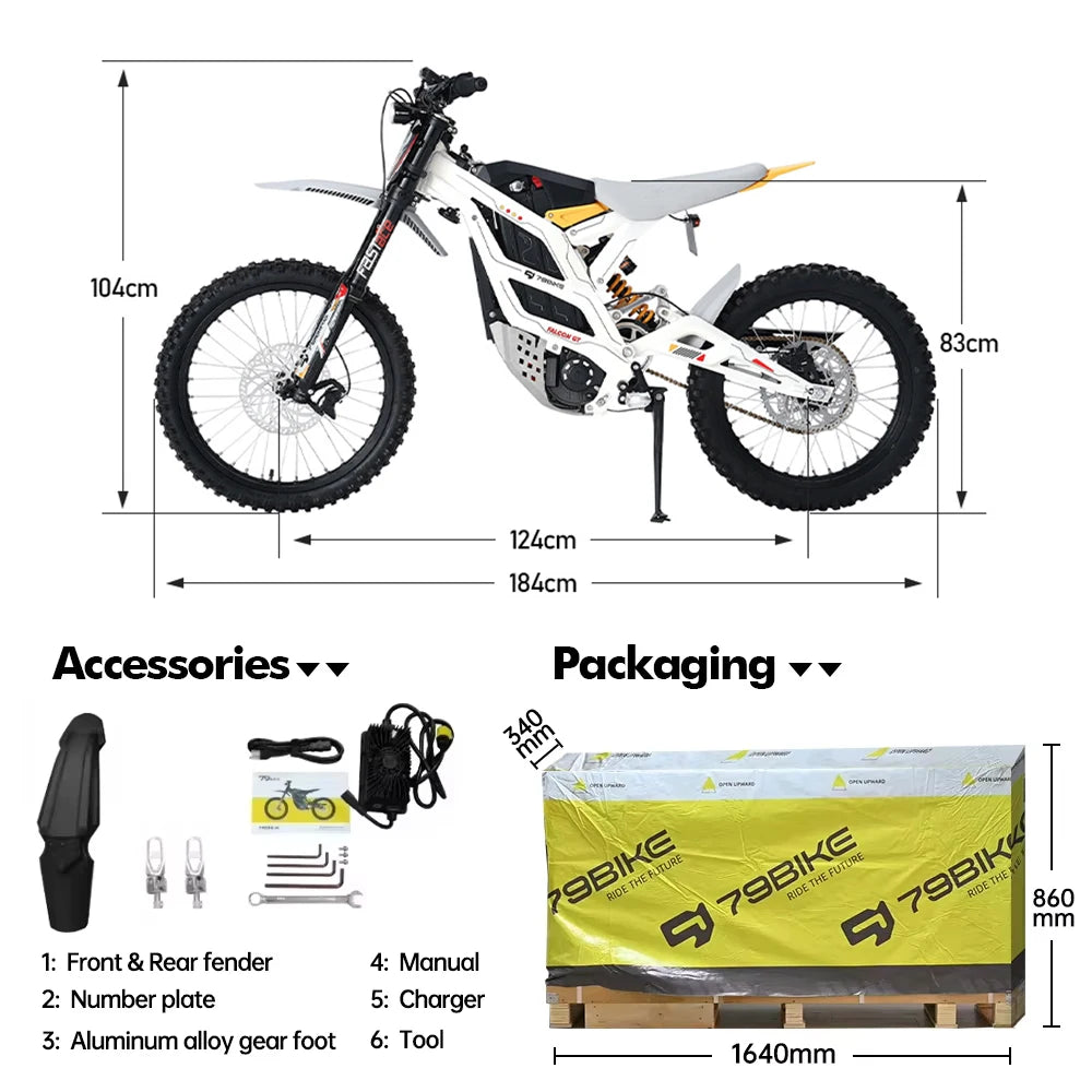 79bike GT 72V 40ah Lithium Battery Electric Dirtbike 120km Rang IP68 Protection NFC Dashboard ...