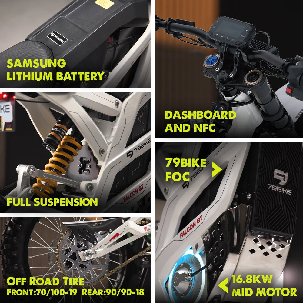 79bike GT 72V 40ah Lithium Battery Electric Dirtbike 120km Rang IP68 Protection NFC Dashboard ...